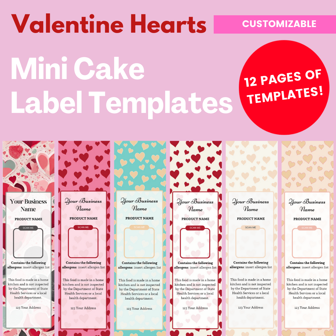 Valentine Hearts Mini Cake Label Templates w/ & w/out Ingredients (12 ...