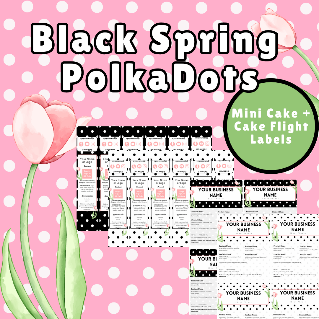 Black Spring Polka Dots Mini Cake + Cake Flight Label Template Bundle